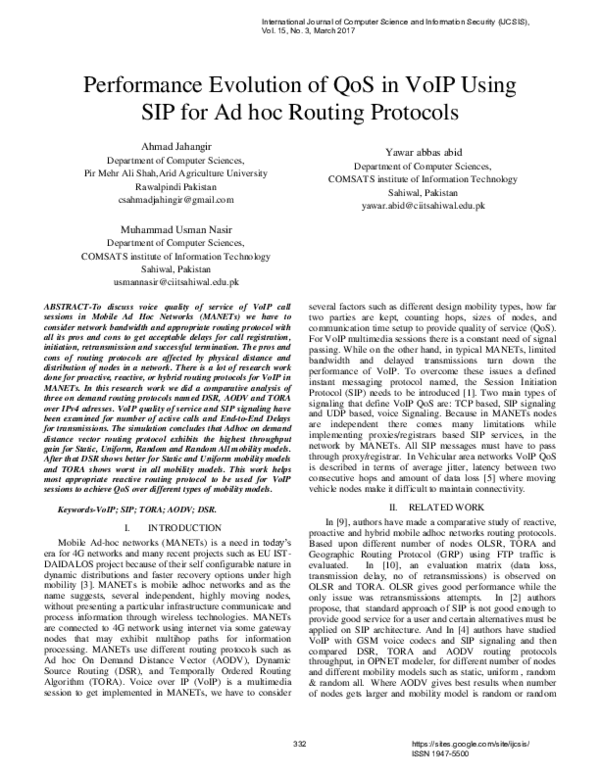Pdf Performance Evolution Of Qos In Voip Using Sip For Ad Hoc Routing Protocols