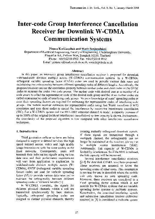 (PDF) Inter-code Group Interference Cancellation Receiver for Downlink W-CDMA Communication Svstems