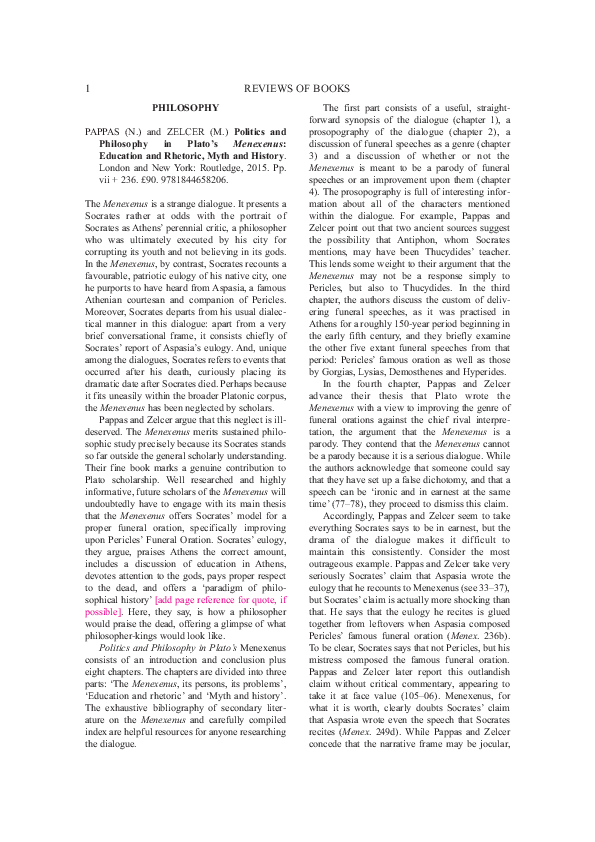 (PDF) Review of Politics and Philosophy in Plato’s Menexenus. Journal ...