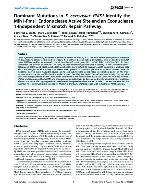 (PDF) Dominant Mutations in S. cerevisiae PMS1 Identify the Mlh1-Pms1 Endonuclease Active Site ...