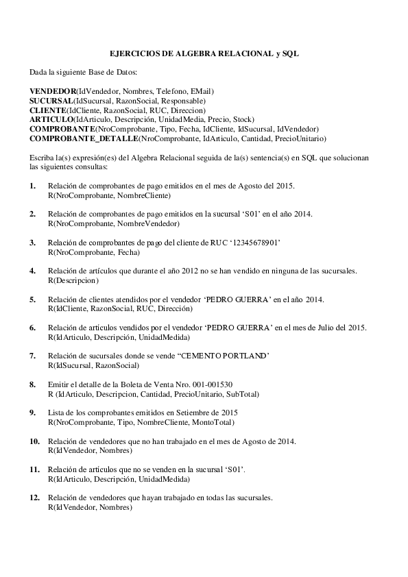 (PDF) EJERCICIOS DE ALGEBRA RELACIONAL y SQL Dada la siguiente Base de ...