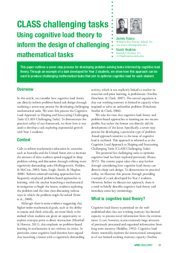 (PDF) CLASS challenging tasks Using cognitive load theory to inform the design of challenging ...