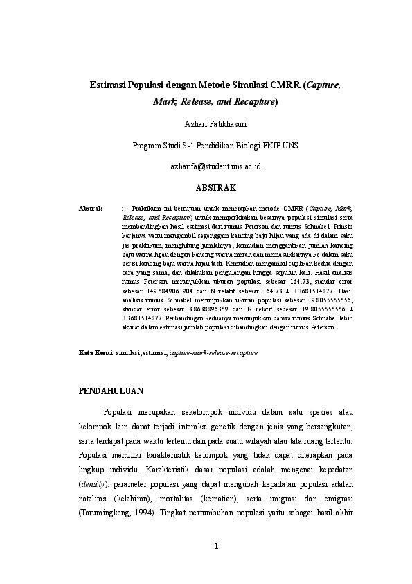 (DOC) Estimasi Populasi dengan Metode Simulasi CMRR (Capture, Mark, Release, and Recapture