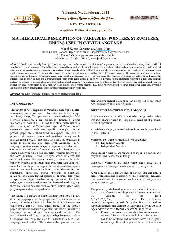 (PDF) Mathematical Description of Variables, Pointers, Structures ...