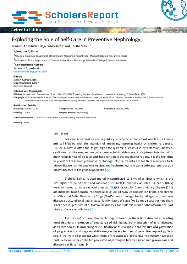 (PDF) Exploring the Role of Self-Care in Preventive Nephrology