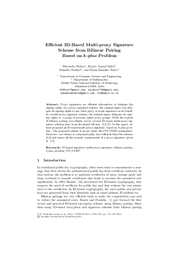 Pdf Efficient Id Based Multi Proxy Signature Scheme From Bilinear Pairing Based On K Plus Problem