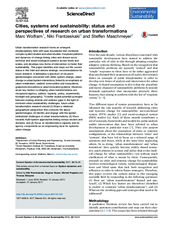 (PDF) Cities, systems and sustainability: Status and perspectives for ...