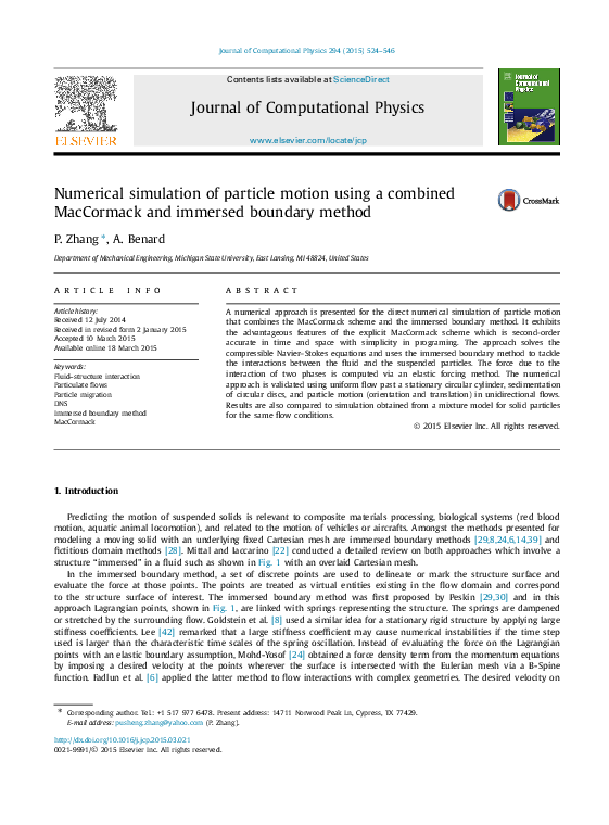 Pdf Numerical Simulation Of Particle Motion Using A Combined Maccormack And Immersed Boundary