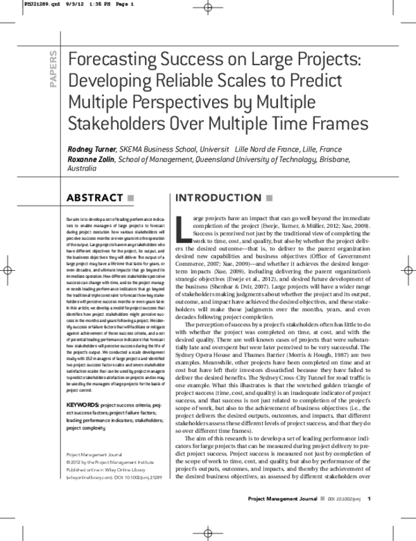 (PDF) Forecasting success on large projects : developing reliable ...