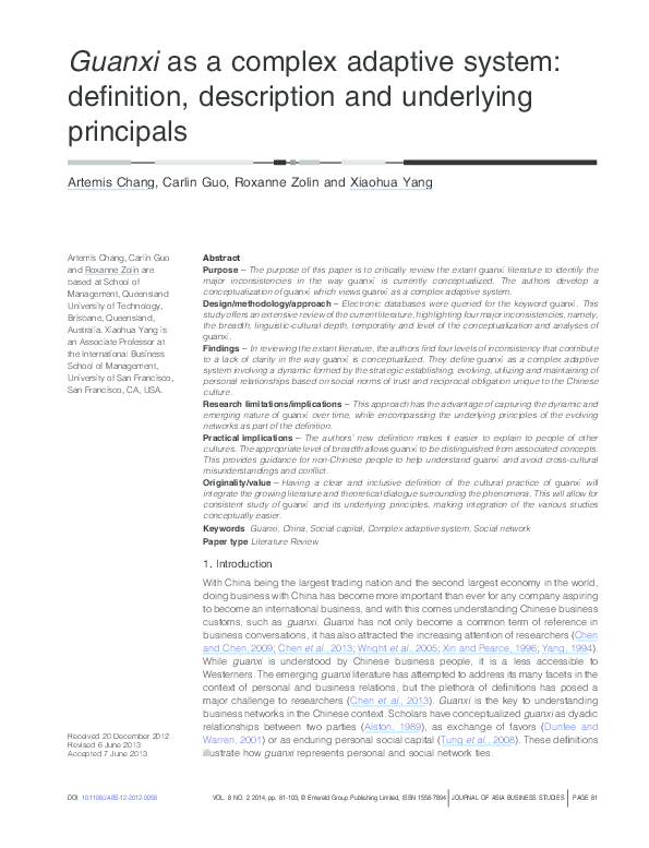 (PDF) Guanxi as a complex adaptive system: definition, description and ...