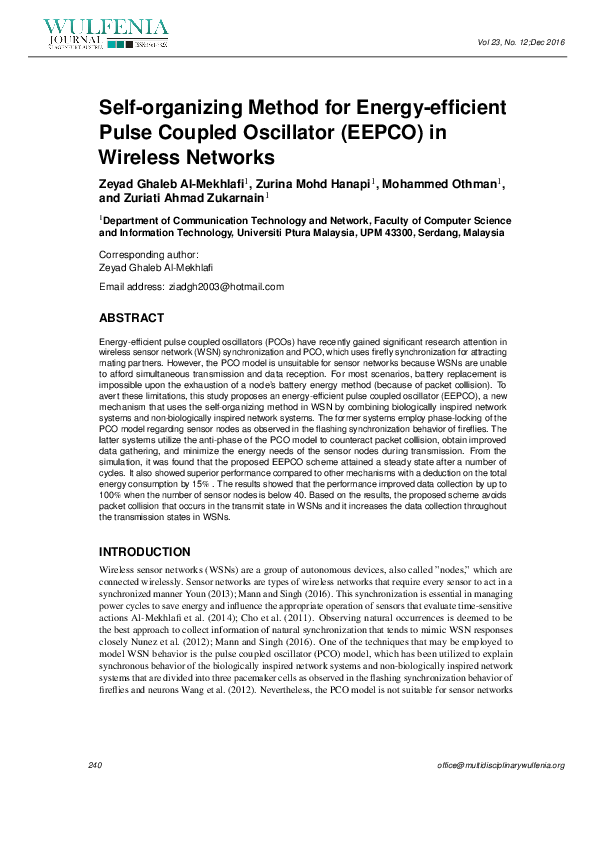 (PDF) Self-organizing Method for Energy-efficient Pulse Coupled Oscillator (EEPCO) in Wireless ...