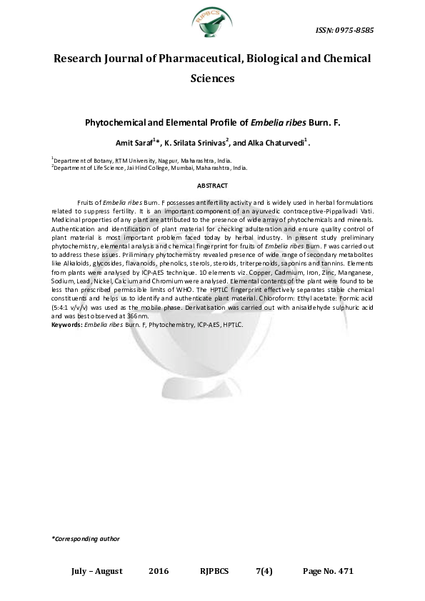 (PDF) Phytochemical and Elemental Profile of Embelia ribes Burn. F.