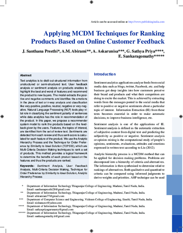 Pdf Applying Mcdm Techniques For Ranking Products Based On Online