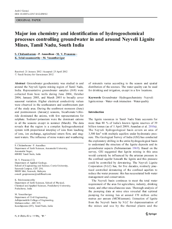 (PDF) Major ion chemistry and identification of hydrogeochemical processes controlling ...
