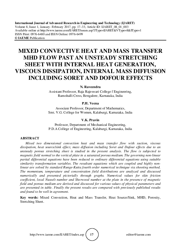 (PDF) MIXED CONVECTIVE HEAT AND MASS TRANSFER MHD FLOW PAST AN UNSTEADY STRETCHING SHEET WITH ...
