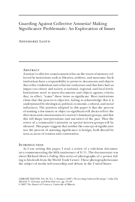 (PDF) Guarding against collective amnesia? Making significance ...