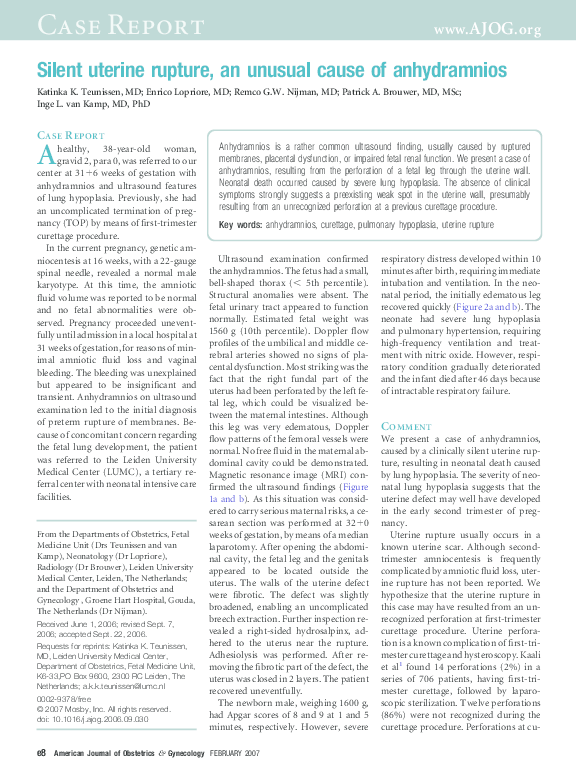 (PDF) Silent uterine rupture, an unusual cause of anhydramnios
