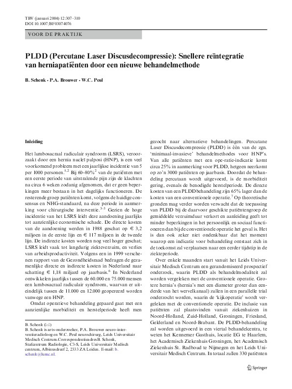 (PDF) PLDD (Percutane Laser Discusdecompressie): Snellere reïntegratie van herniapatiënten door ...