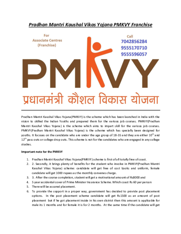 (PDF) Pradhan Mantri Kaushal Vikas Yojana PMKVY Franchise