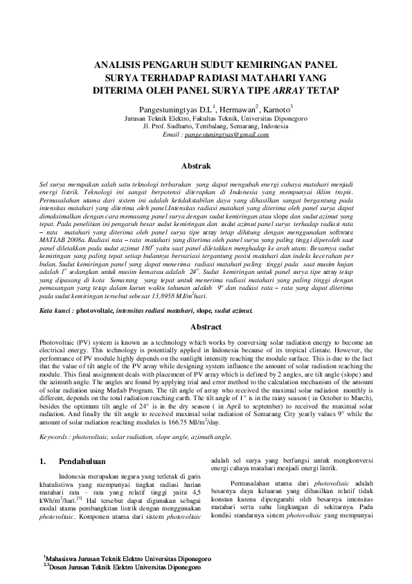 (PDF) ANALISIS PENGARUH SUDUT KEMIRINGAN PANEL SURYA TERHADAP RADIASI MATAHARI YANG DITERIMA ...