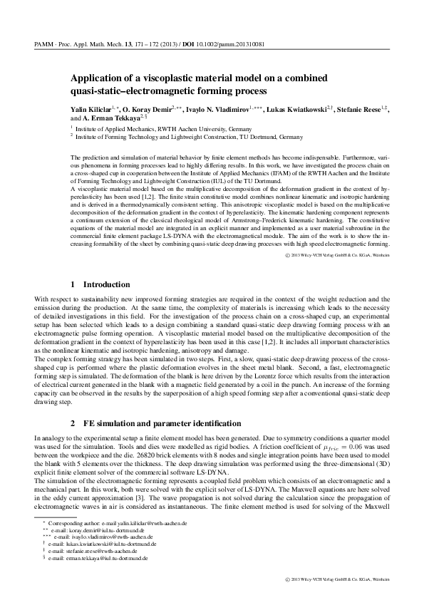 (PDF) Application of a viscoplastic material model on a combined quasi-static-electromagnetic ...