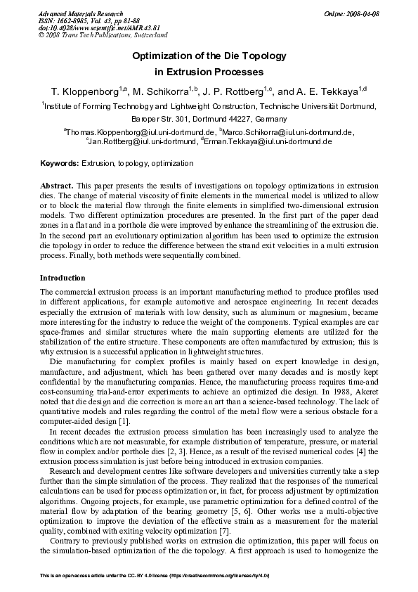 (PDF) Optimization of the Die Topology in Extrusion Processes