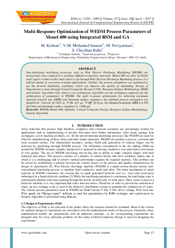 (PDF) Multi-Response Optimization of WEDM Process Parameters of Monel 400 using Integrated RSM ...