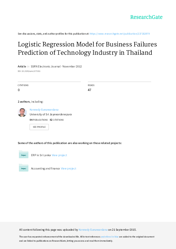 (PDF) Logistic Regression Model for Business Failures Prediction of Technology Industry in Thailand