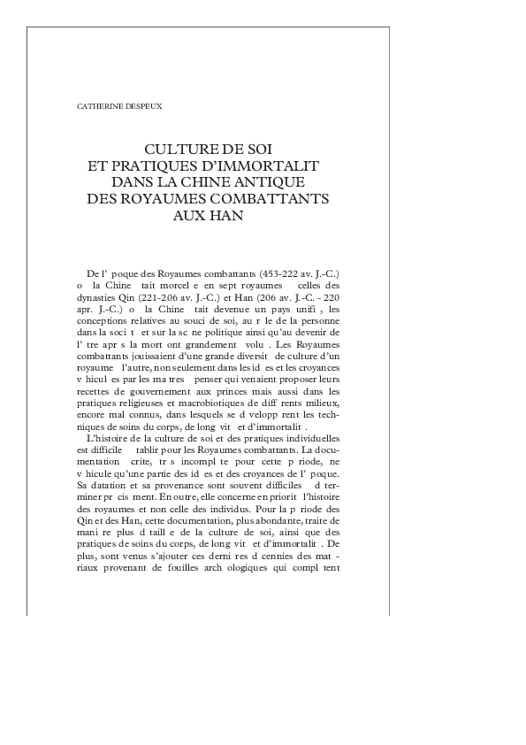 (PDF) « Culture de soi et pratiques d’immortalité dans la Chine antique ...