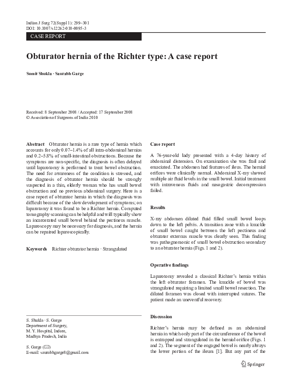 Pdf Obturator Hernia Of The Richter Type A Case Report