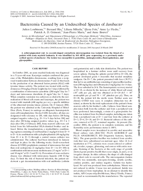 (PDF) Bacteremia Caused by an Undescribed Species of Janibacter | Anne ...