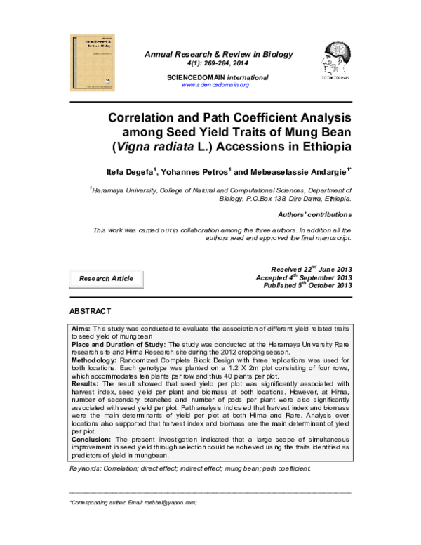 Pdf Correlation And Path Coefficient Analysis Among Seed Yield Traits Of Mung Bean Vigna