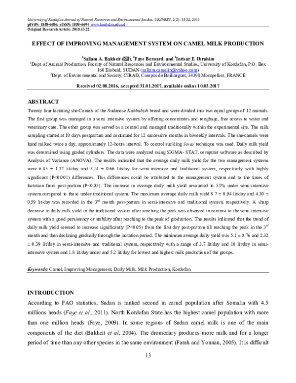 (PDF) EFFECT OF IMPROVING MANAGEMENT SYSTEM ON CAMEL MILK PRODUCTION