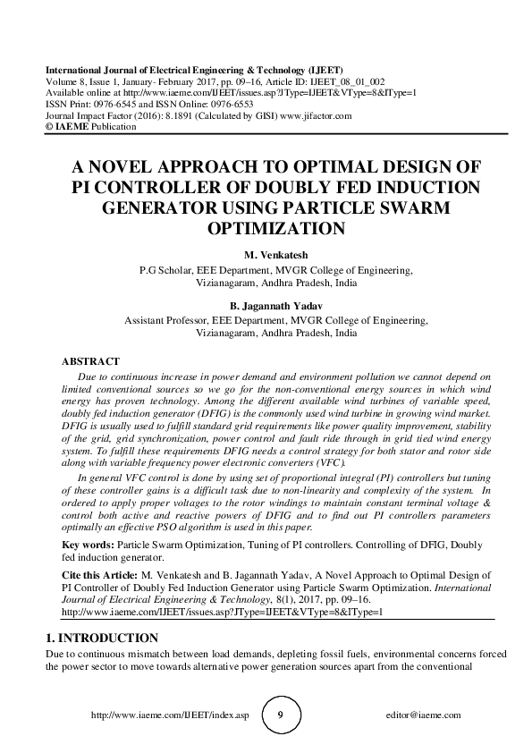 (PDF) A NOVEL APPROACH TO OPTIMAL DESIGN OF PI CONTROLLER OF DOUBLY FED INDUCTION GENERATOR ...