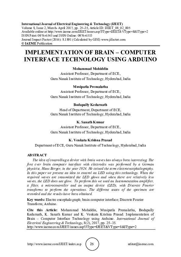 (PDF) IMPLEMENTATION OF BRAIN – COMPUTER INTERFACE TECHNOLOGY USING ARDUINO