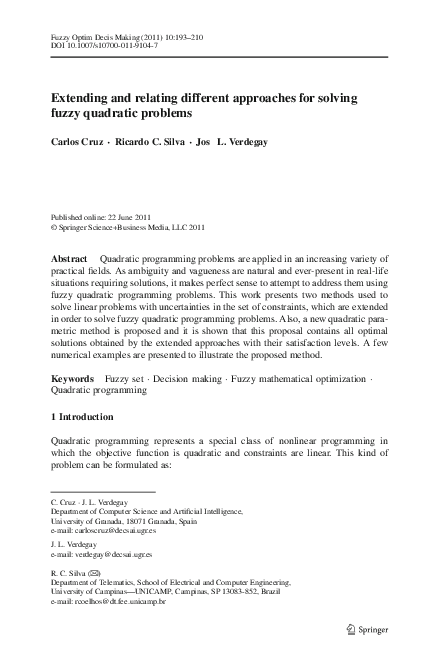 Pdf Extending And Relating Different Approaches For Solving Fuzzy Quadratic Problems Carlos