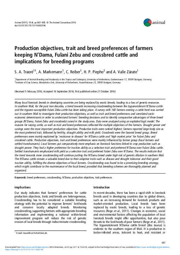 (PDF) Production objectives, trait and breed preferences of farmers keeping N'Dama, Fulani Zebu ...