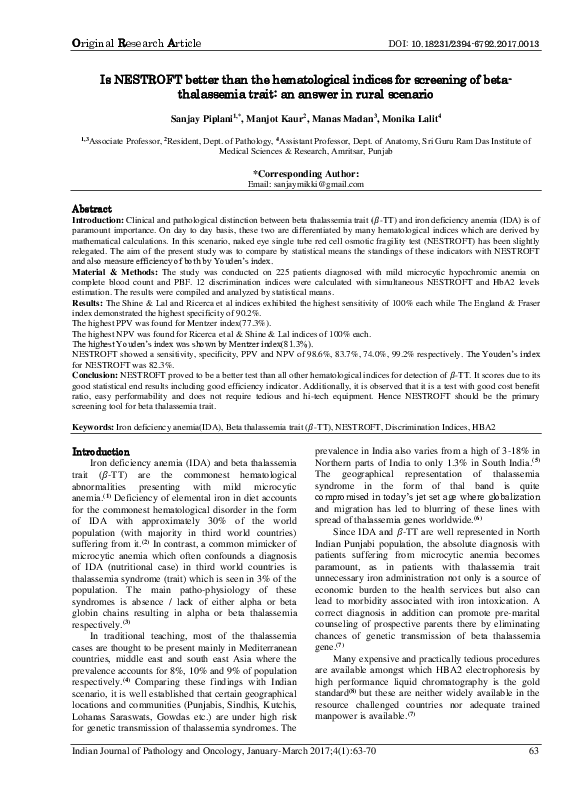 (PDF) Is NESTROFT better than the hematological indices for screening ...