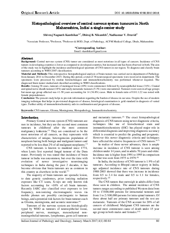 (PDF) Spectrum of Central Nervous System Tumours--A Single Center Histopathological Review of ...