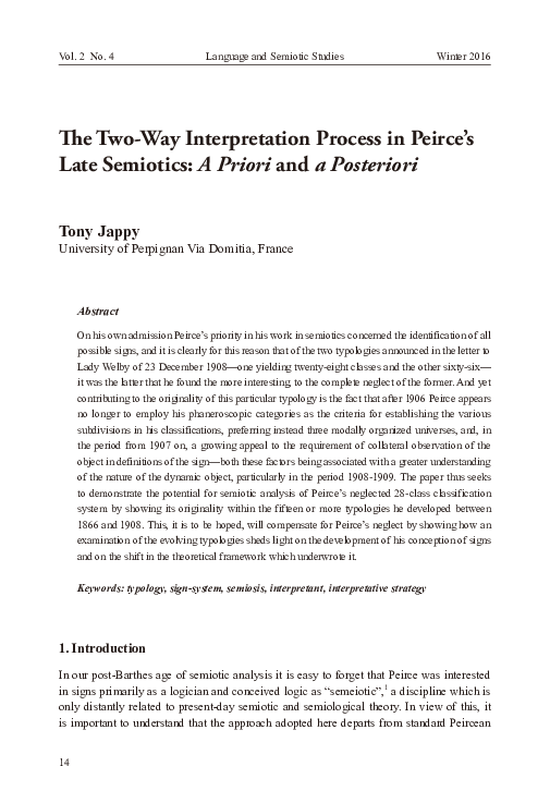 (PDF) The Two-Way Interpretation Process in Peirce's Late Semiotics: A Priori and a Posteriori ...
