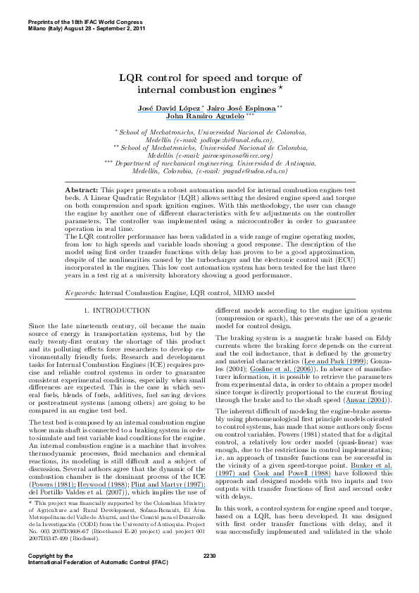 (PDF) LQR Control for Speed and Torque of Internal Combustion Engines ...