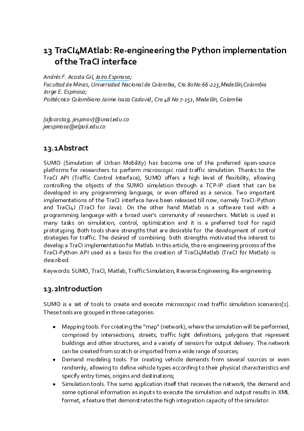 (PDF) TraCI4Matlab: Re-engineering the Python implementation of the TraCI interface