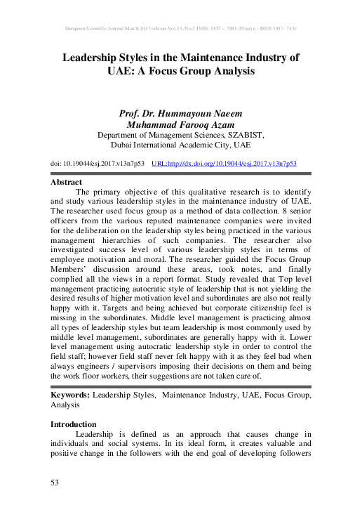 (PDF) Leadership Styles in the Maintenance Industry of UAE: A Focus ...