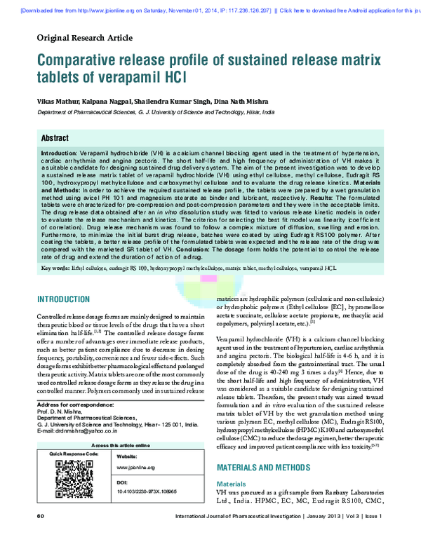 Pdf Comparative Release Profile Of Sustained Release Matrix Tablets Of Verapamil Hcl