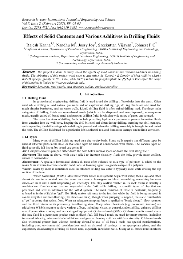 (PDF) Effects of Solid Contents and Various Additives in Drilling Fluids