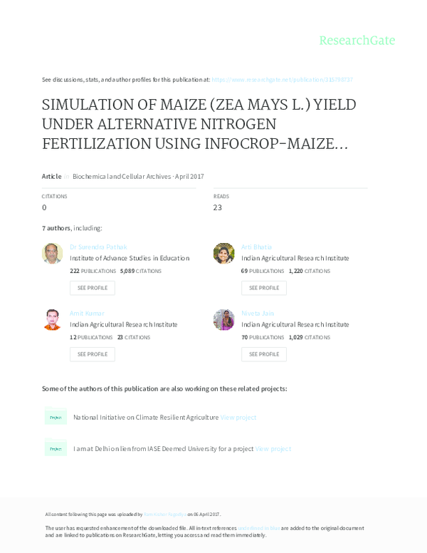 (PDF) SIMULATION OF MAIZE (ZEA MAYS L.) YIELD UNDER ALTERNATIVE NITROGEN FERTILIZATION USING ...