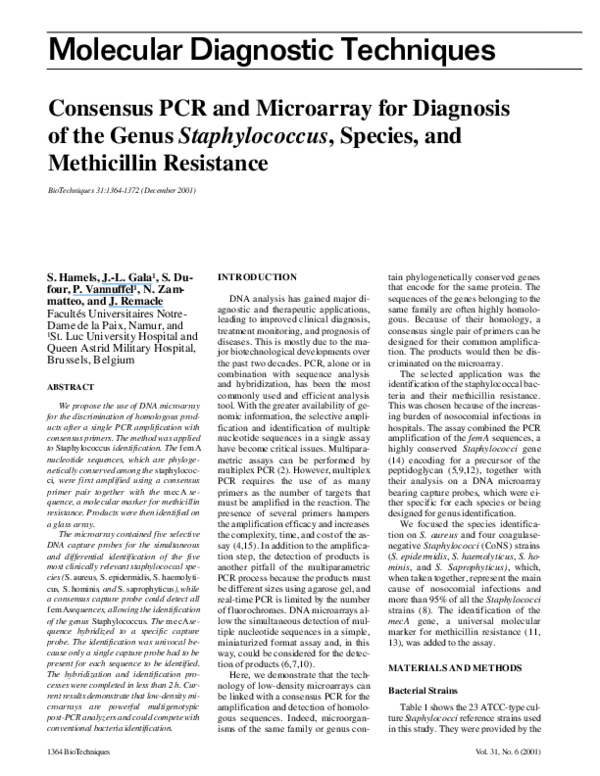 (PDF) Consensus PCR and microarray for diagnosis of the genus Staphylococcus, species, and ...