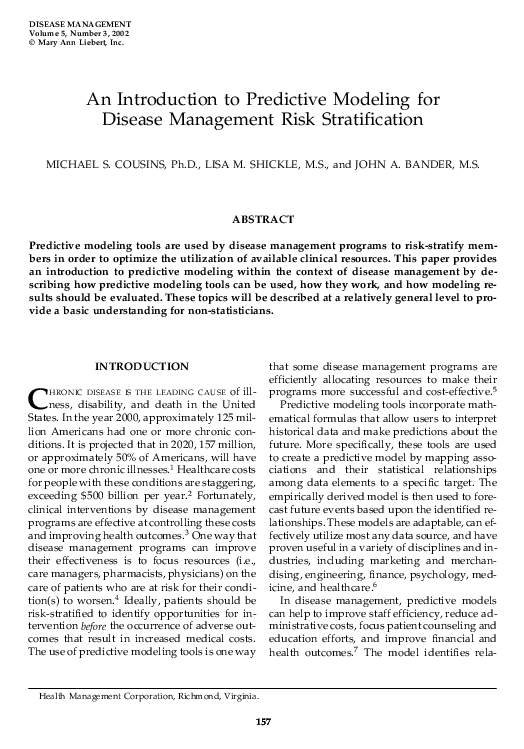 (PDF) An Introduction to Predictive Modeling for Disease Management ...