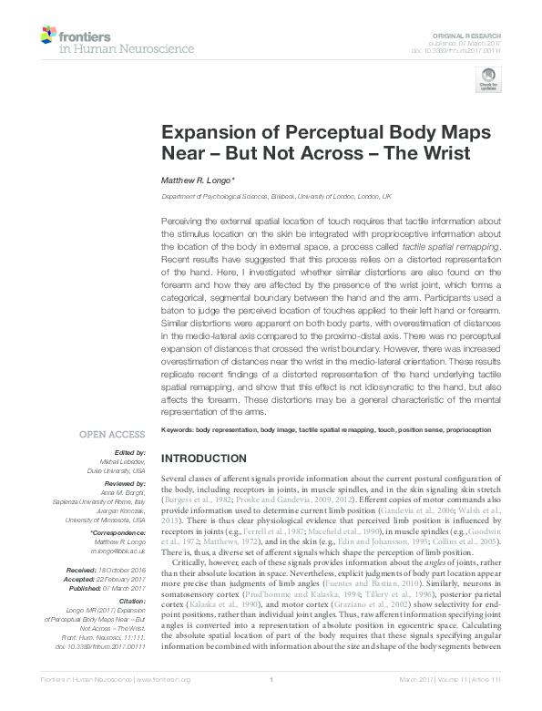 (PDF) Expansion of Perceptual Body Maps Near – But Not Across – The Wrist