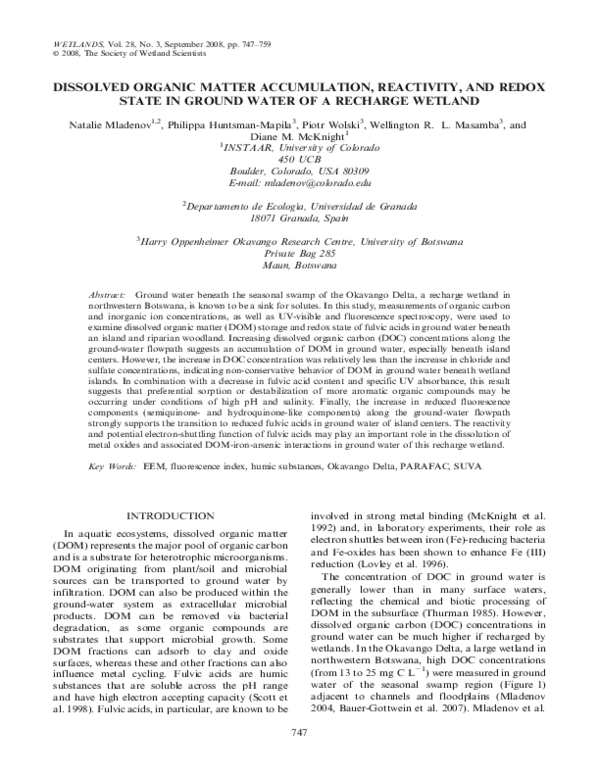 (PDF) Dissolved organic matter accumulation, reactivity, and redox state in ground water of a ...